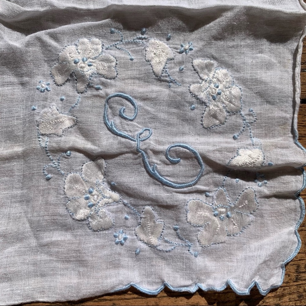 Antique Floral Monogram Embroidered Soft Hanky - Gem